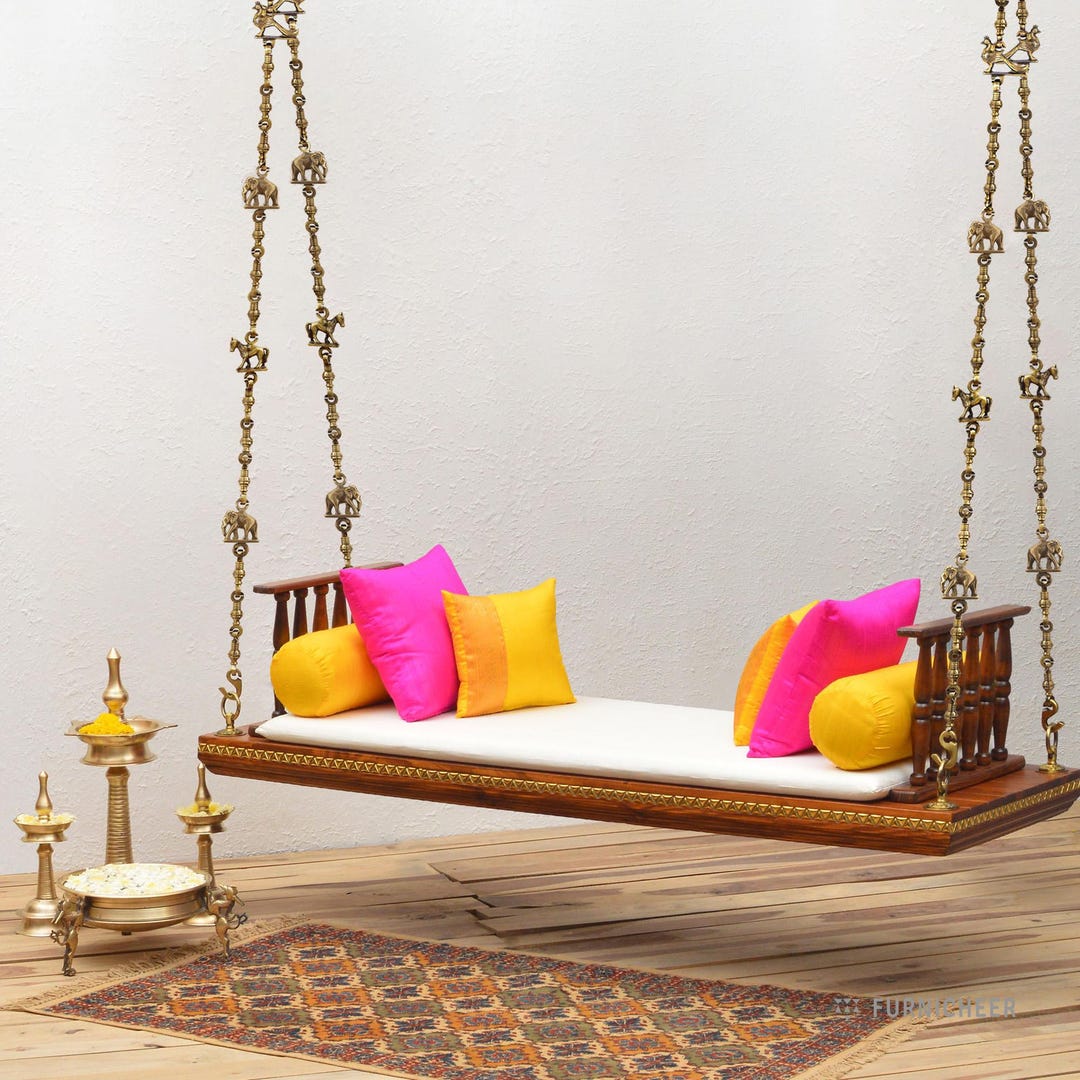 Solid Wood Indoor Sustainable Swing Jhoola Finished in Cherry Brown Pu ...