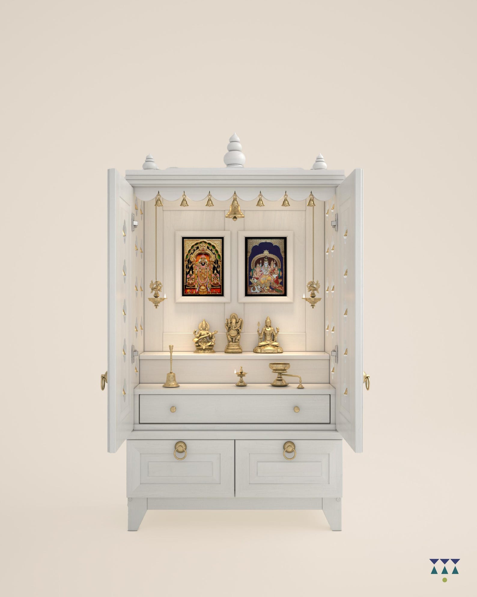 Omkara - Solid Wood Pooja Mandir for Home With Doors, Brass Bells ...