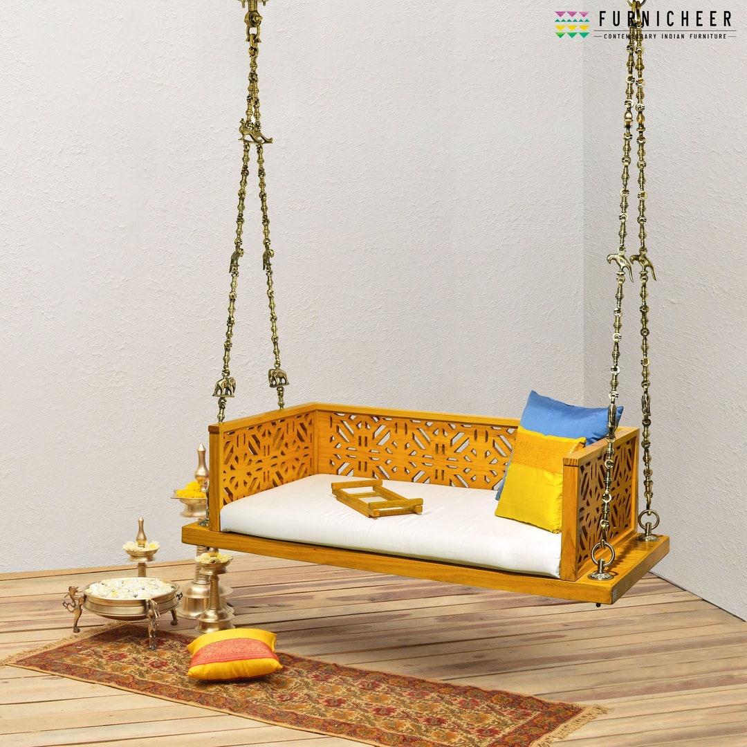 Solid Wood Handcrafted Indian Traditional Swing With Carved Back and ...