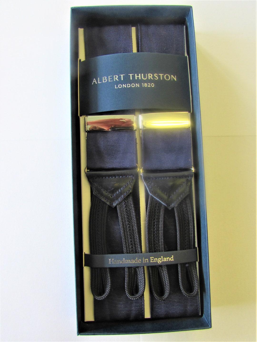 Albert Thurston Navy Blue Moire Braces Navy Braid Ends and Tabs Silver ...