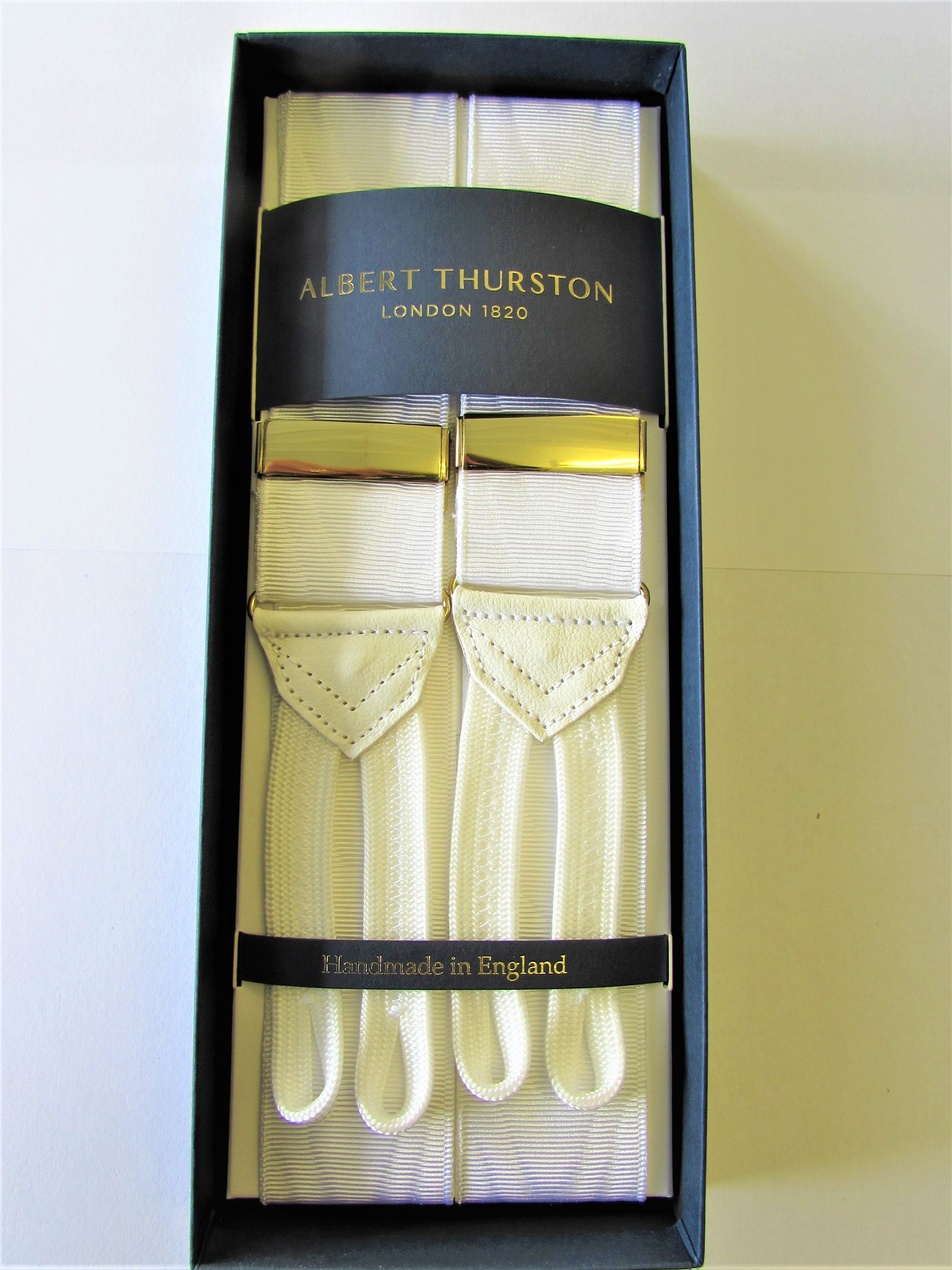 Albert Thurston White Moire Braces White Braid Ends and Tabs Gold ...