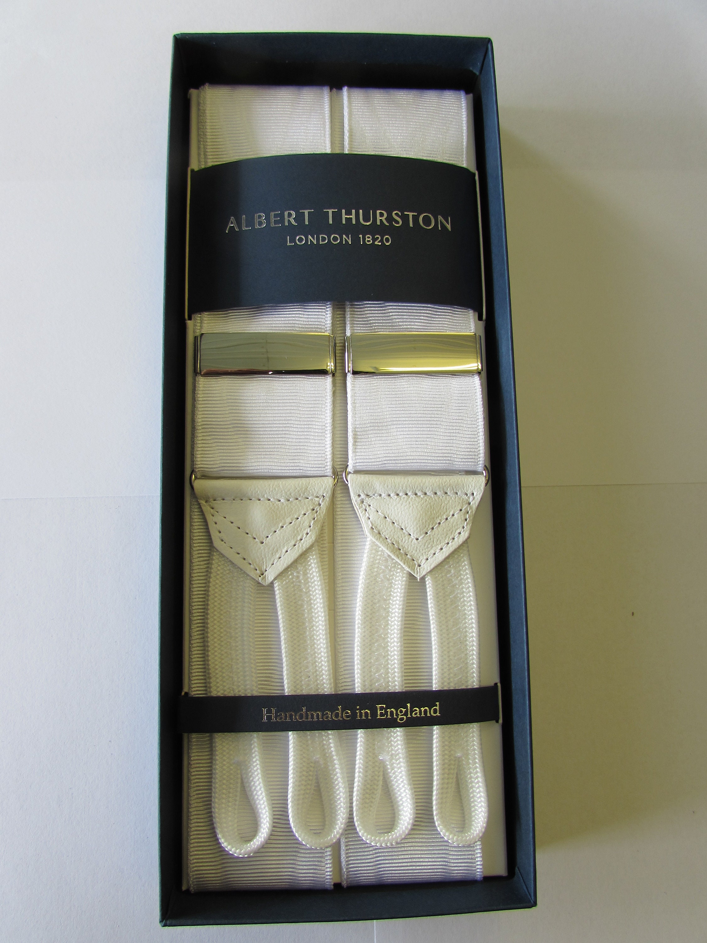 Albert Thurston White Moire Braces White Braid Ends and Tabs Silver ...