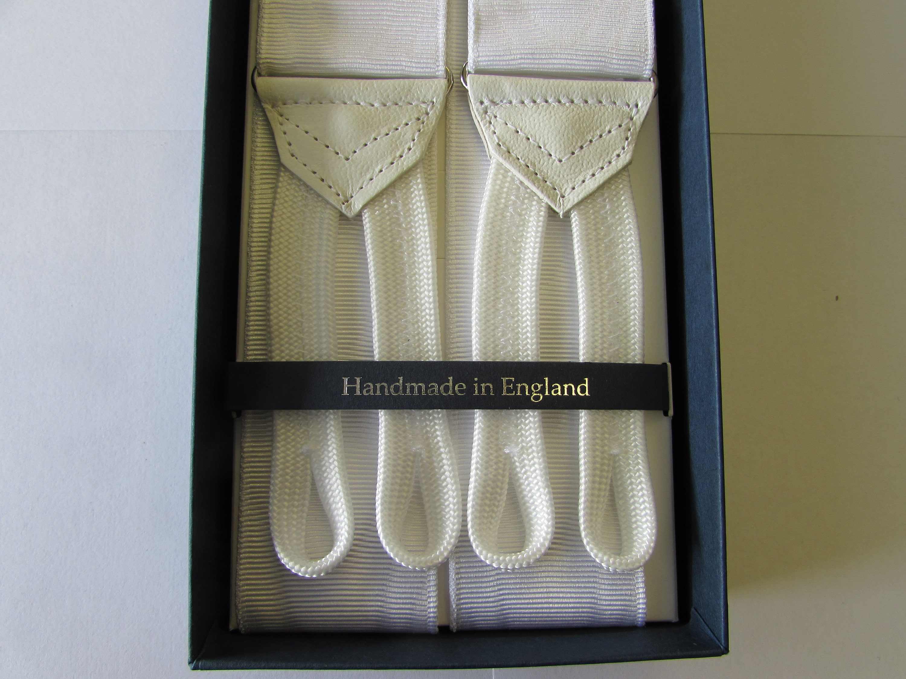 Albert Thurston White Moire Braces White Braid Ends and Tabs Silver ...