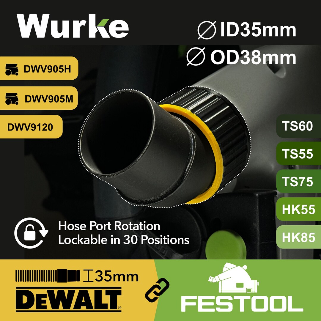 Dewalt -> Festool • No Snag Hose Port Adapter • TS55, TS60, TS75, HK55 ...