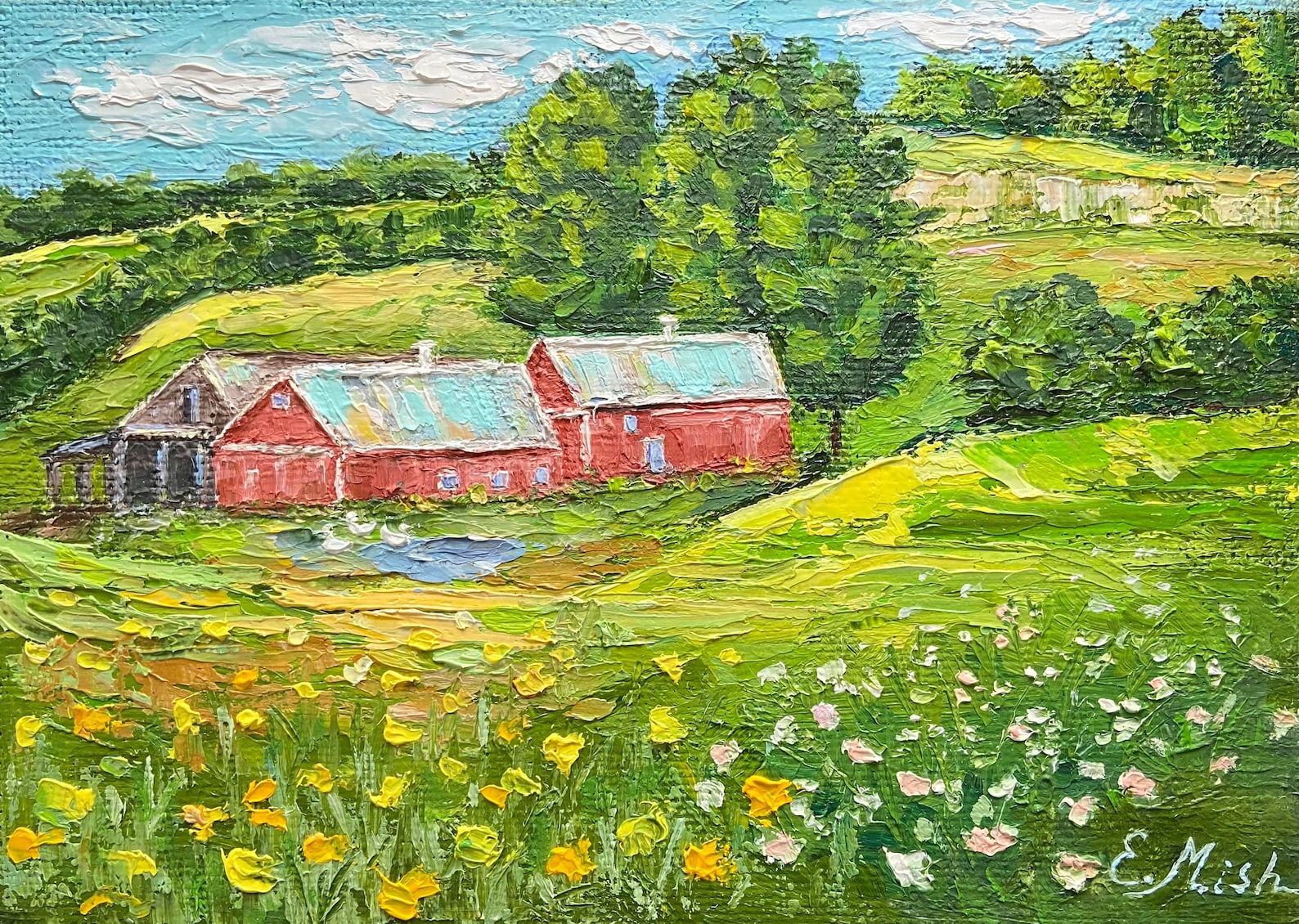 Farm artwork original Summer landscape oil painting Green | Etsy