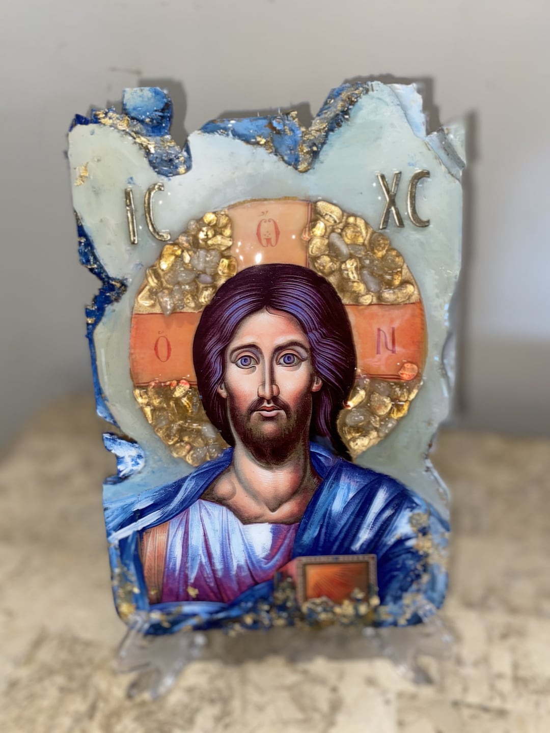 Jesus Christ With Citrine Gemstone- Religious Wood Epoxy Resin Handmade ...