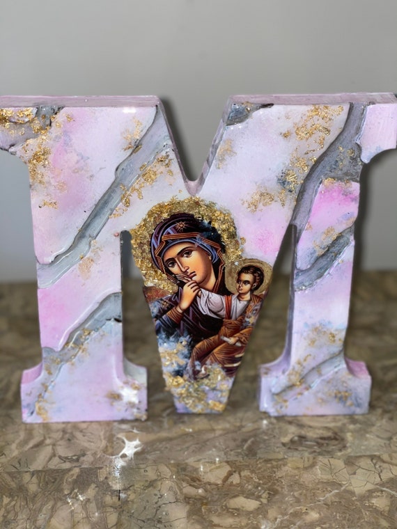 Mother Mary Letter Art M Religious Icon Custom Letter Resin | Etsy