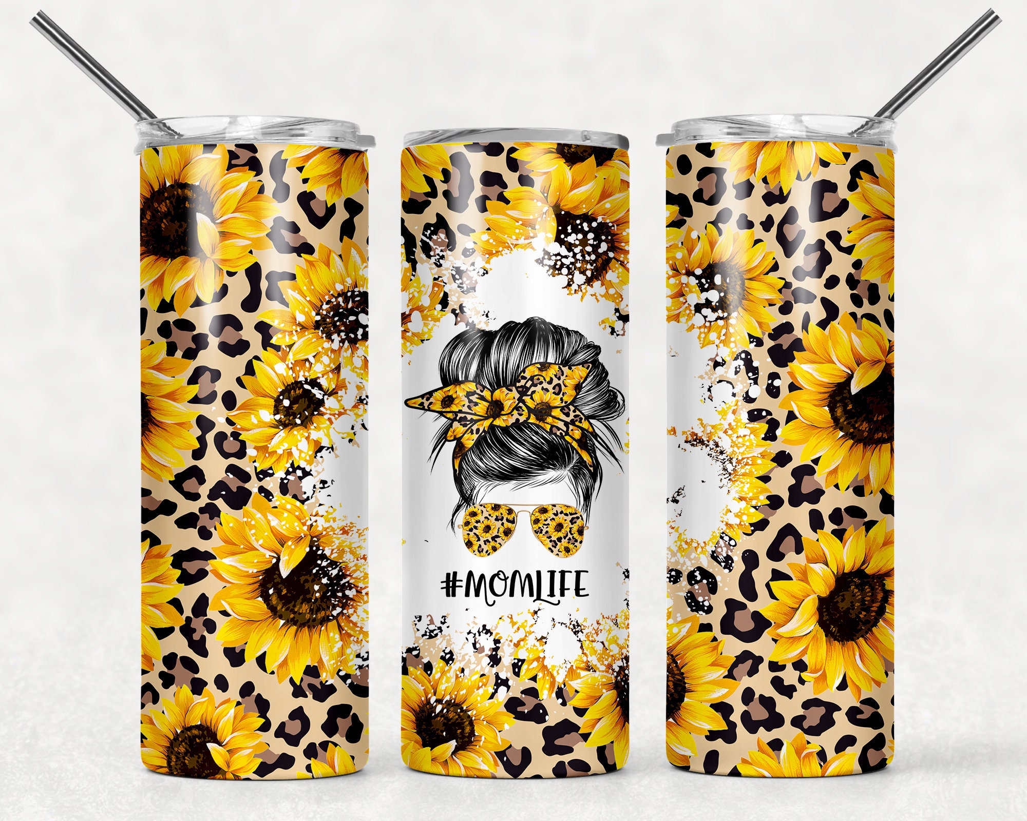 Leopard Print Sunflower Mom Bun Tumbler Agregue Su Propio Etsy España