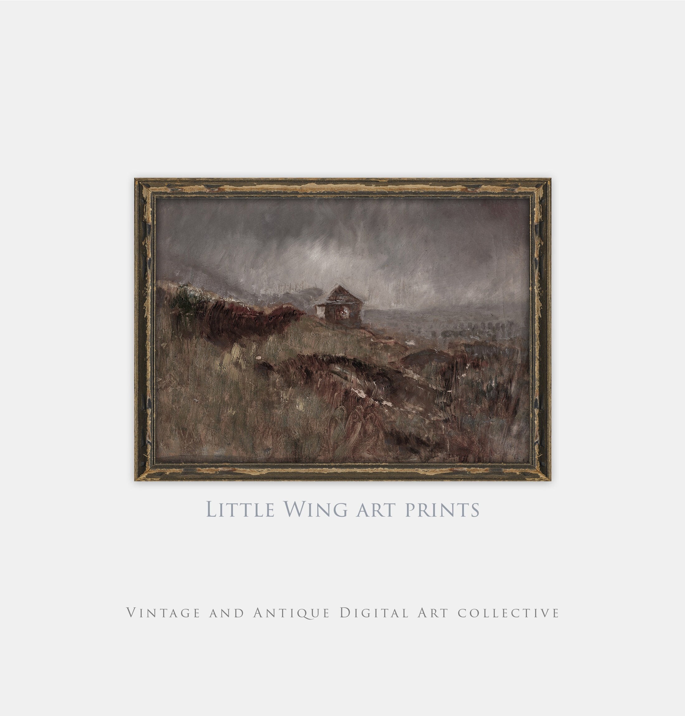 Printable Rustic Landscape Painting Weathered Small Cottage Storm ...