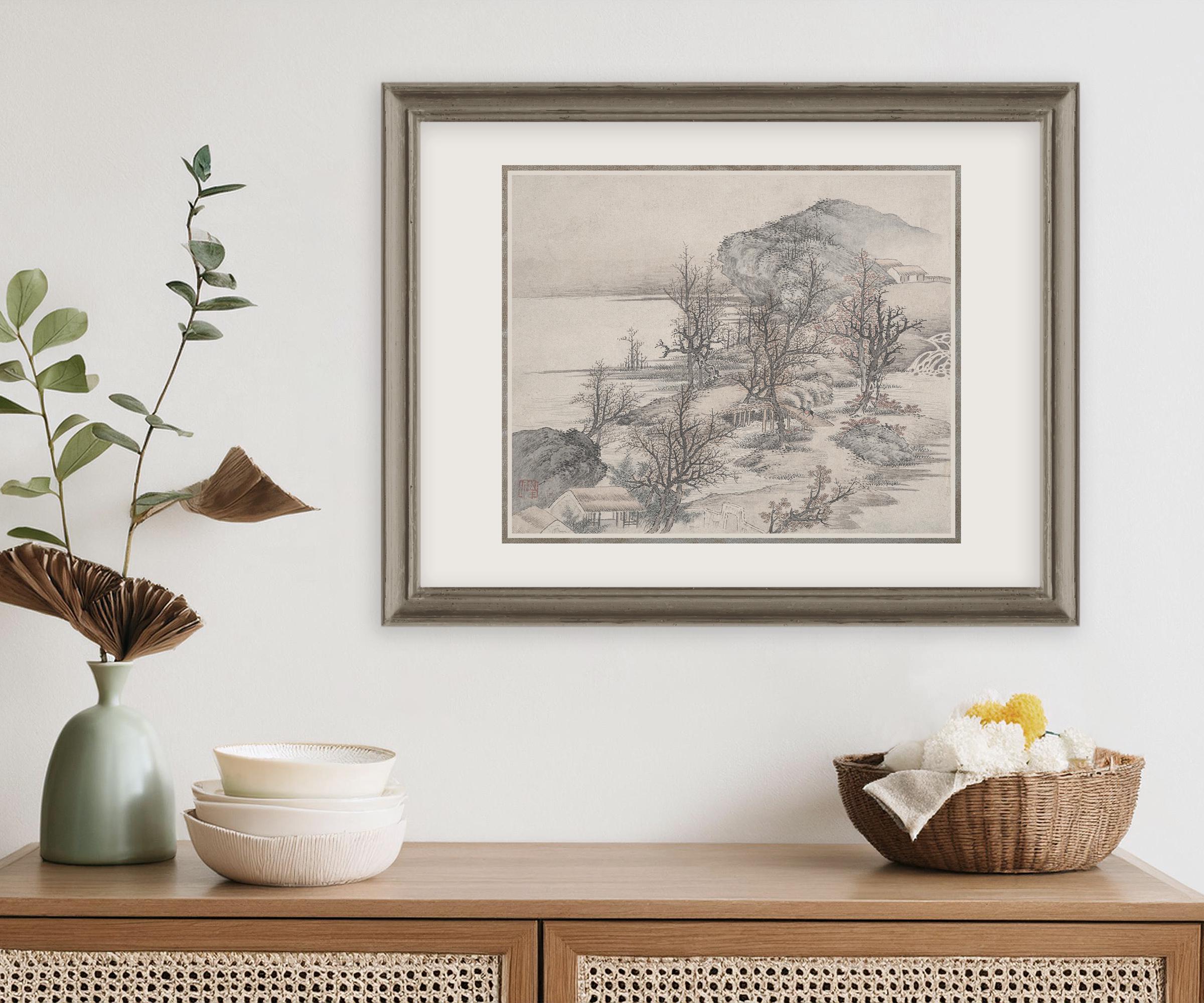 Printable Vintage Landscape | Asian Art | Wooded Scene | Lake | Trees ...