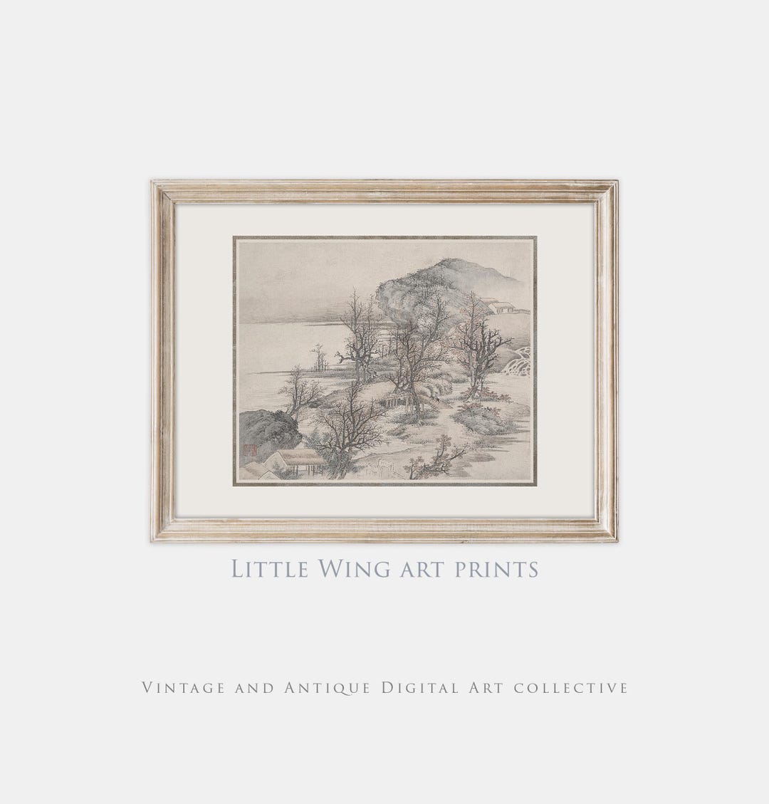 Printable Vintage Landscape | Asian Art | Wooded Scene | Lake | Trees ...