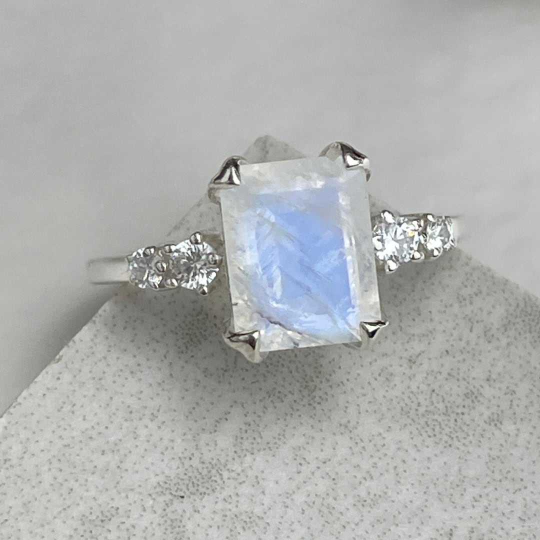 Emerald Cut Moonstone Crystals Ring Large Gemstone Boho - Etsy