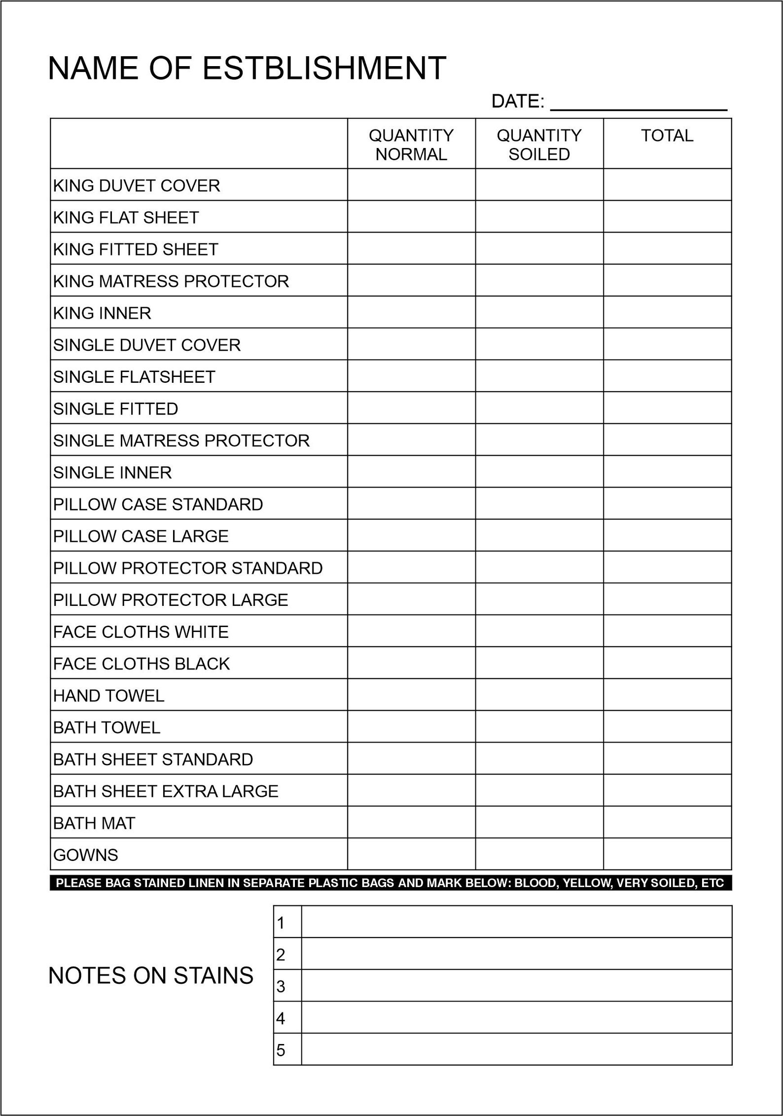 Laundry Lists for Accommodation Establishments - Etsy