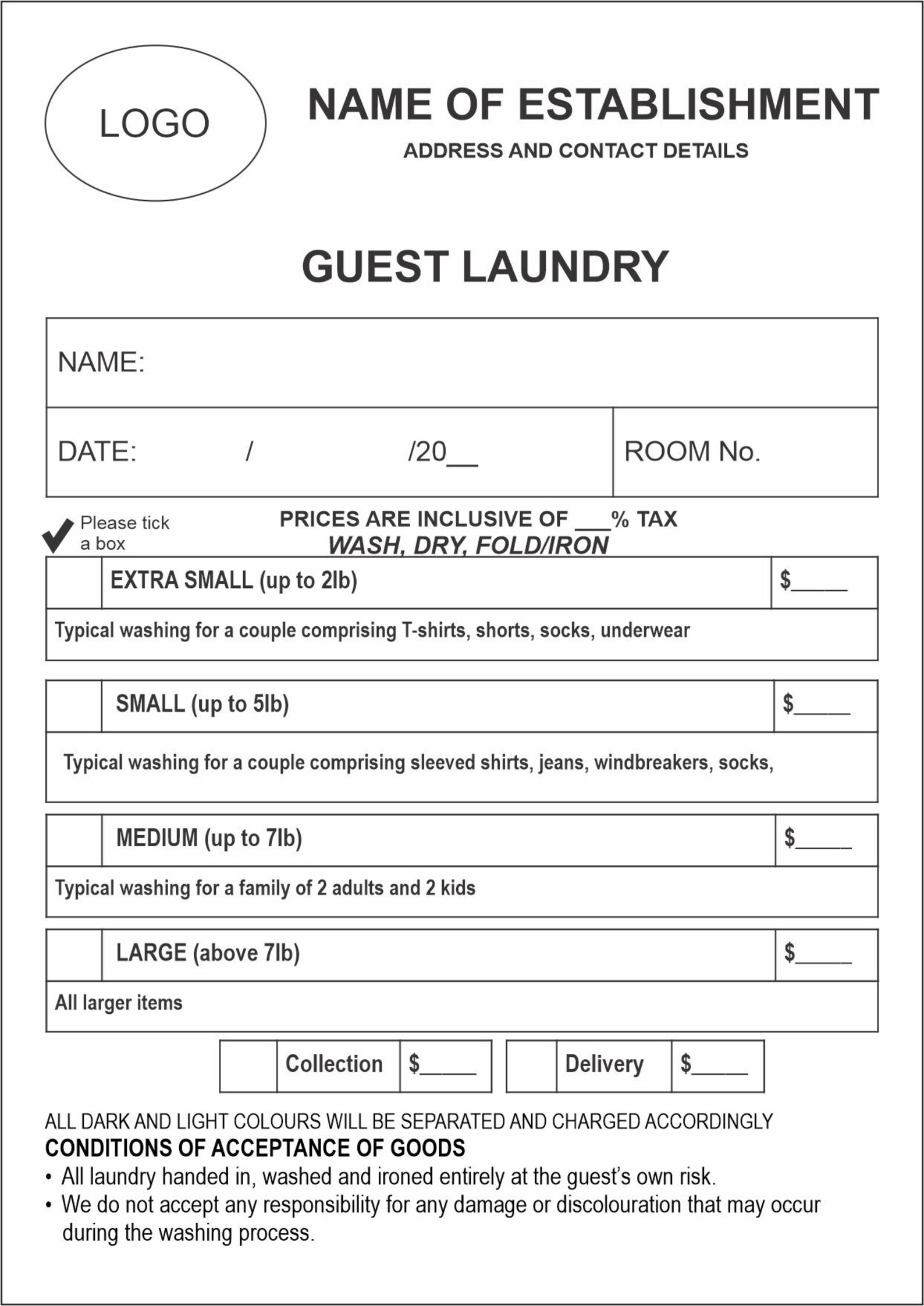 Laundry Lists for Accommodation Establishments - Etsy