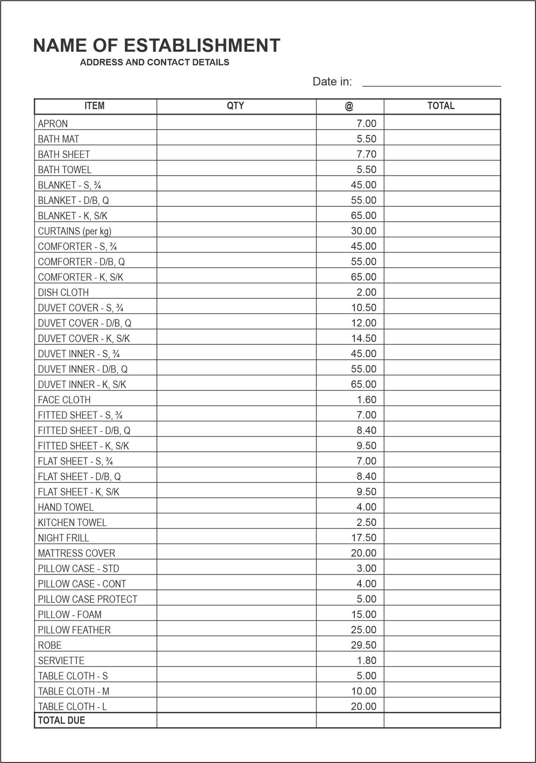 Laundry Lists for Accommodation Establishments - Etsy