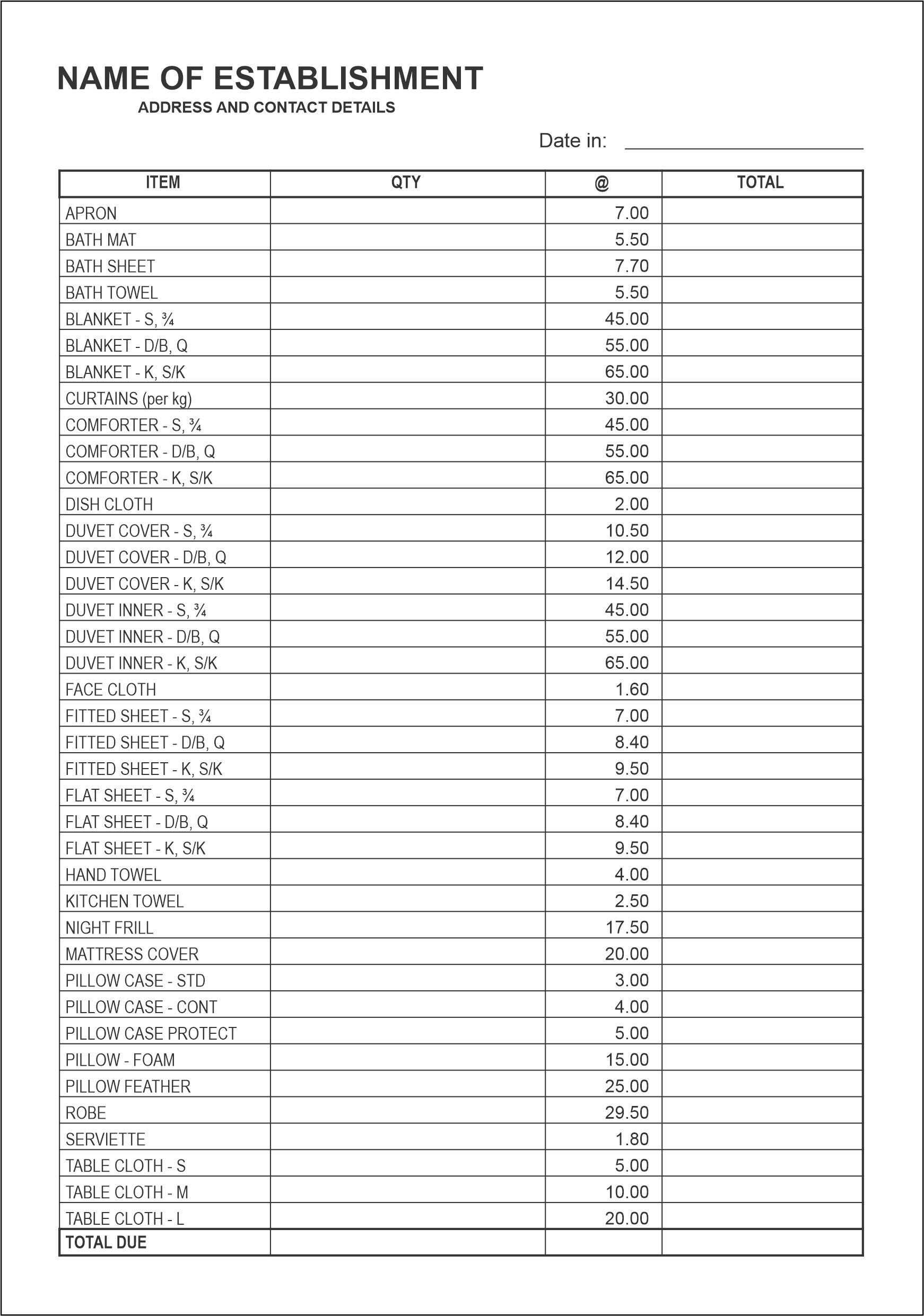 Laundry Lists for Accommodation Establishments - Etsy