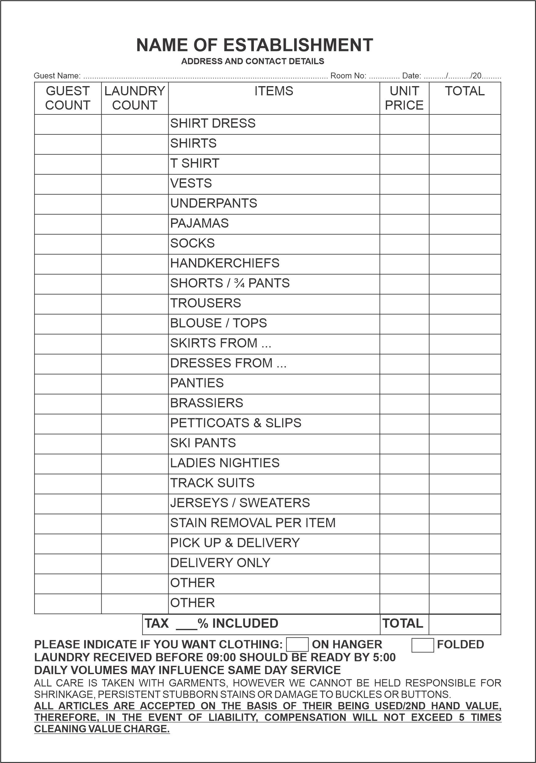 Laundry Lists for Accommodation Establishments - Etsy
