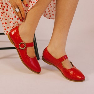 Vintage Red Leather Mary Jane Flats, Retro Buckle Strap Shoes With ...