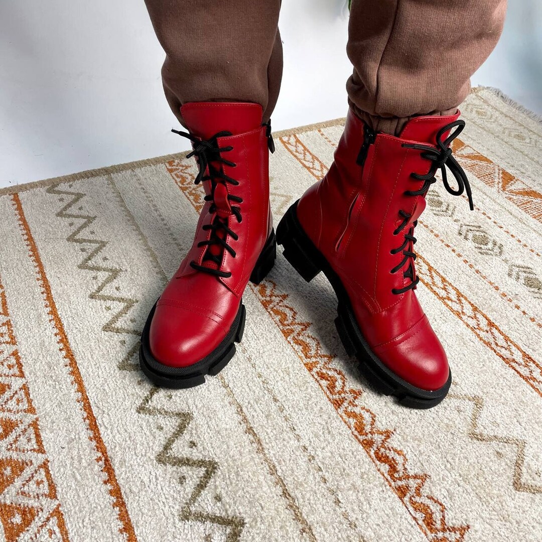 Red Leather Combat Boots Chunky Platform for Women, Ankle Zippered ...