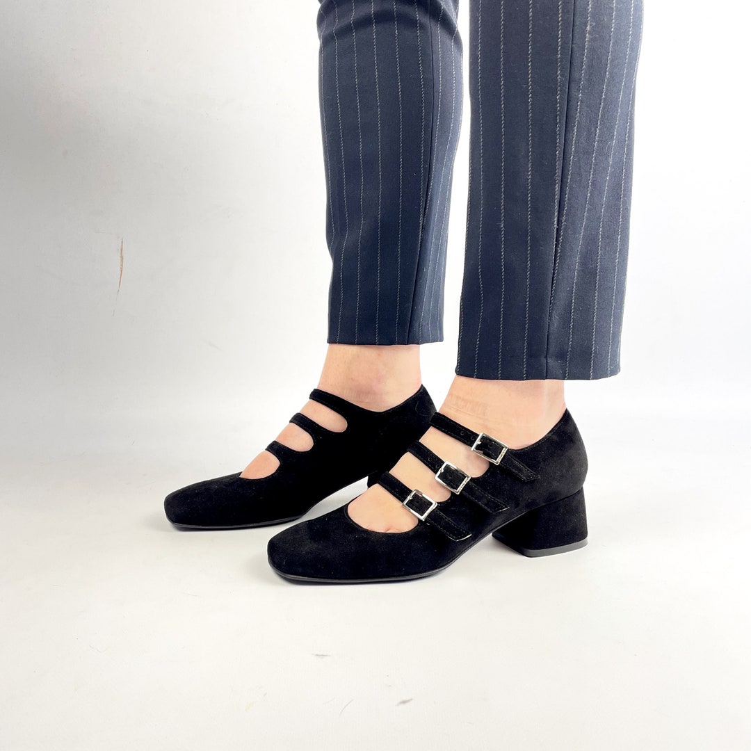 Mary Jane Shoes Black Suede Block Heels Women's Mary Jane - Etsy