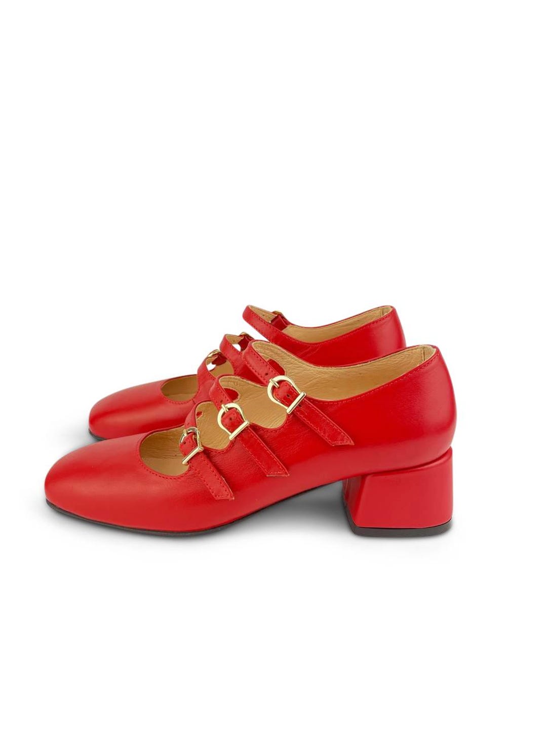 Mary Jane Shoes Red Leather Heels, Women Pumps Three Straps Low Heels ...