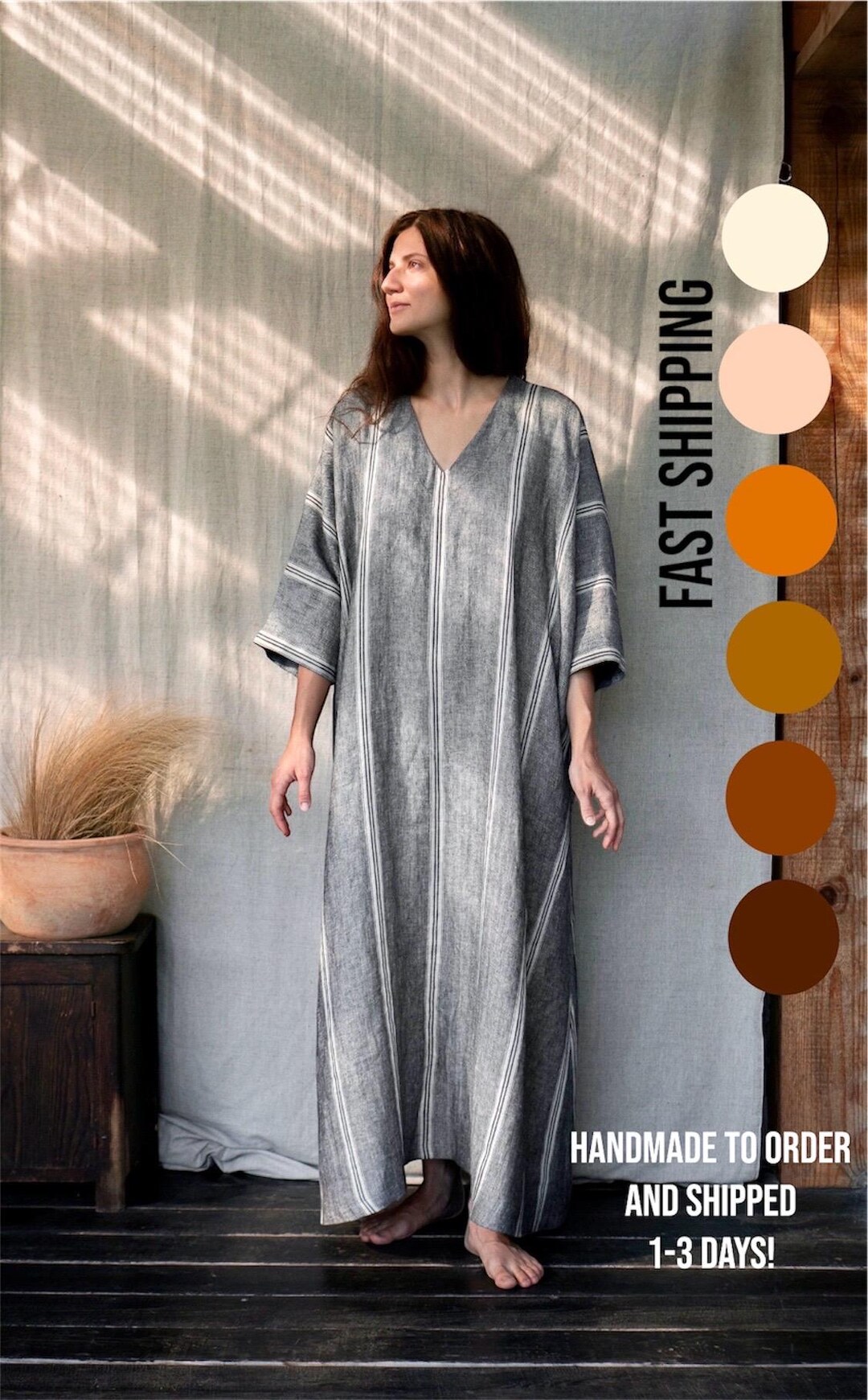 Handmade Linen Maxi Caftan Dress: V-neck Belted Linenwear - Etsy
