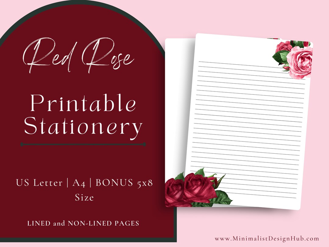 Printable Red Rose Floral Stationery, Digital Stationery, Printable ...