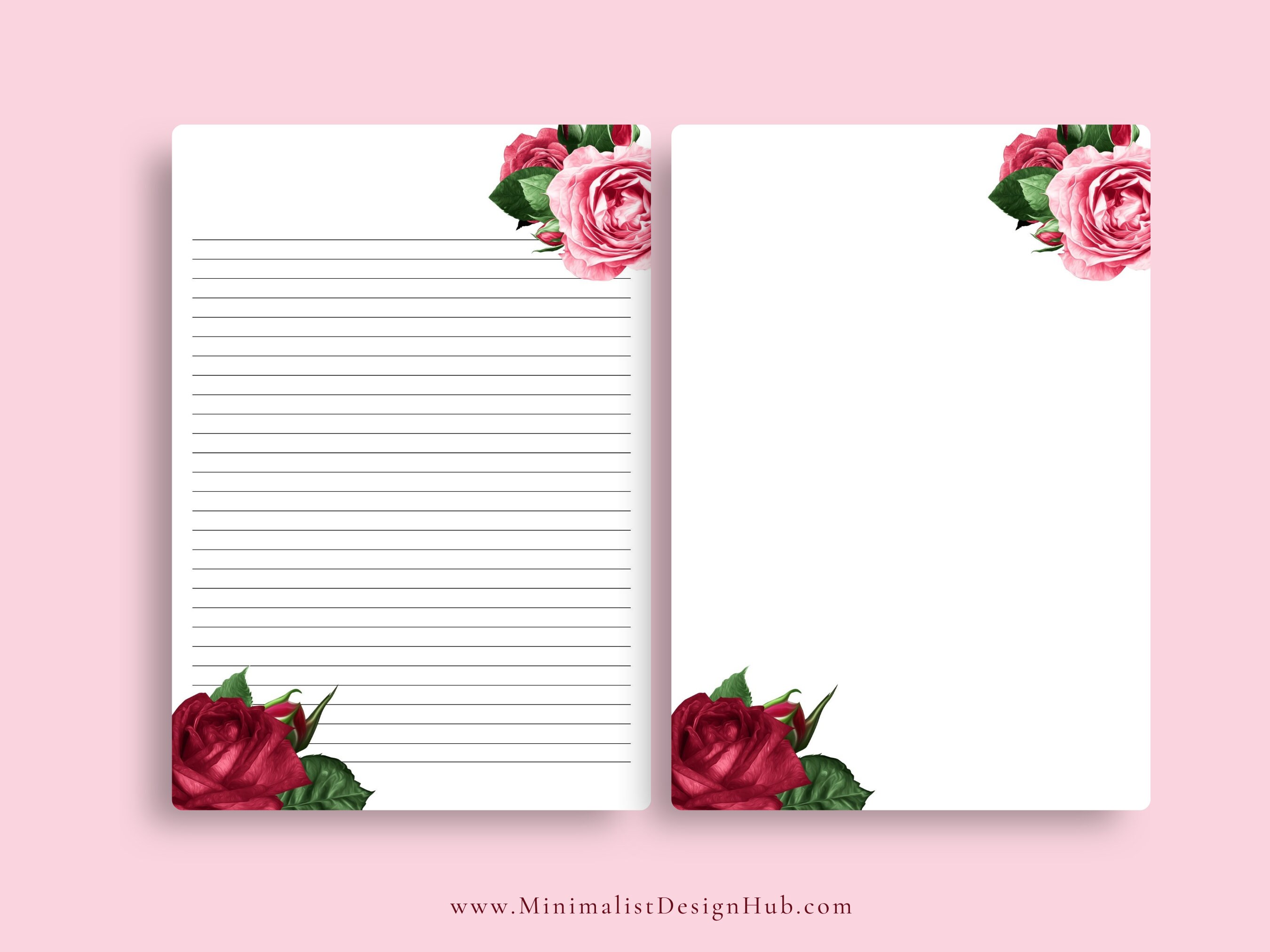 Printable Red Rose Floral Stationery, Digital Stationery, Printable ...