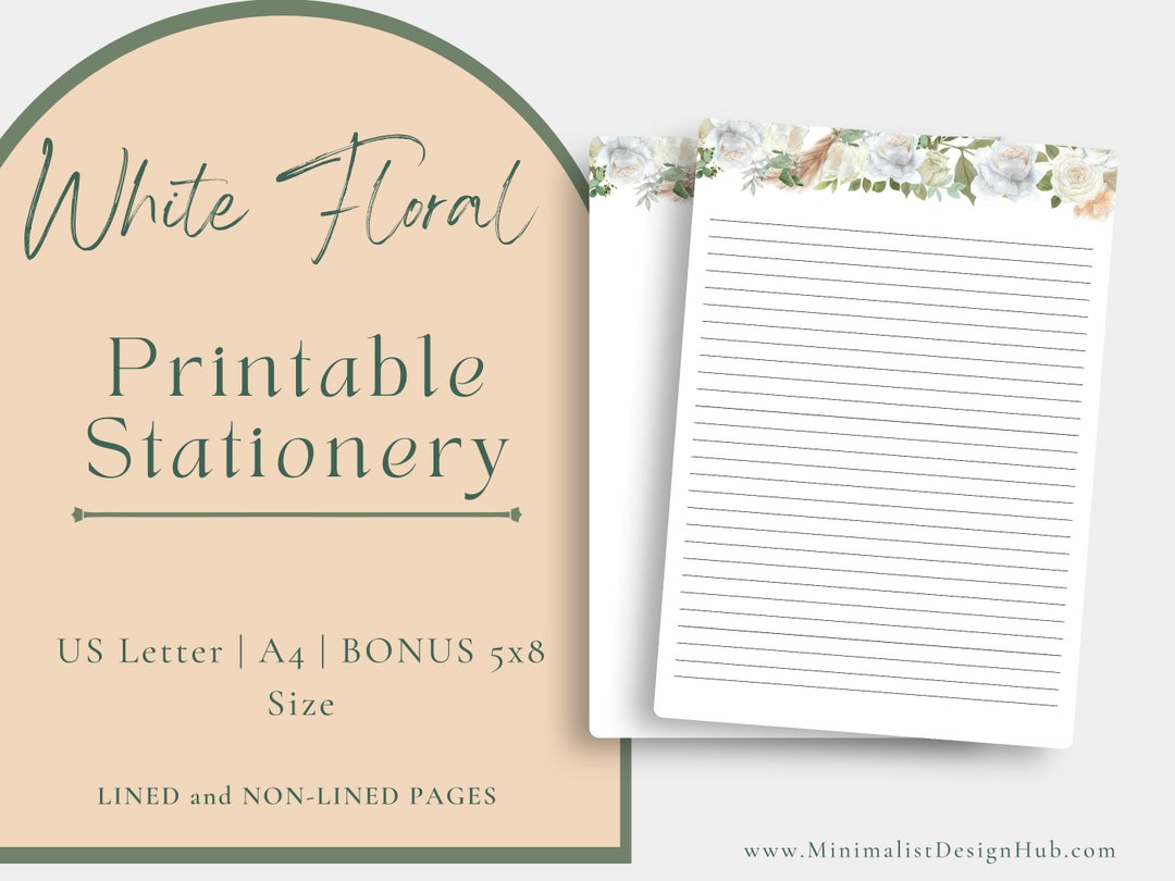 Printable White Floral Stationery, Digital Stationery, Printable ...