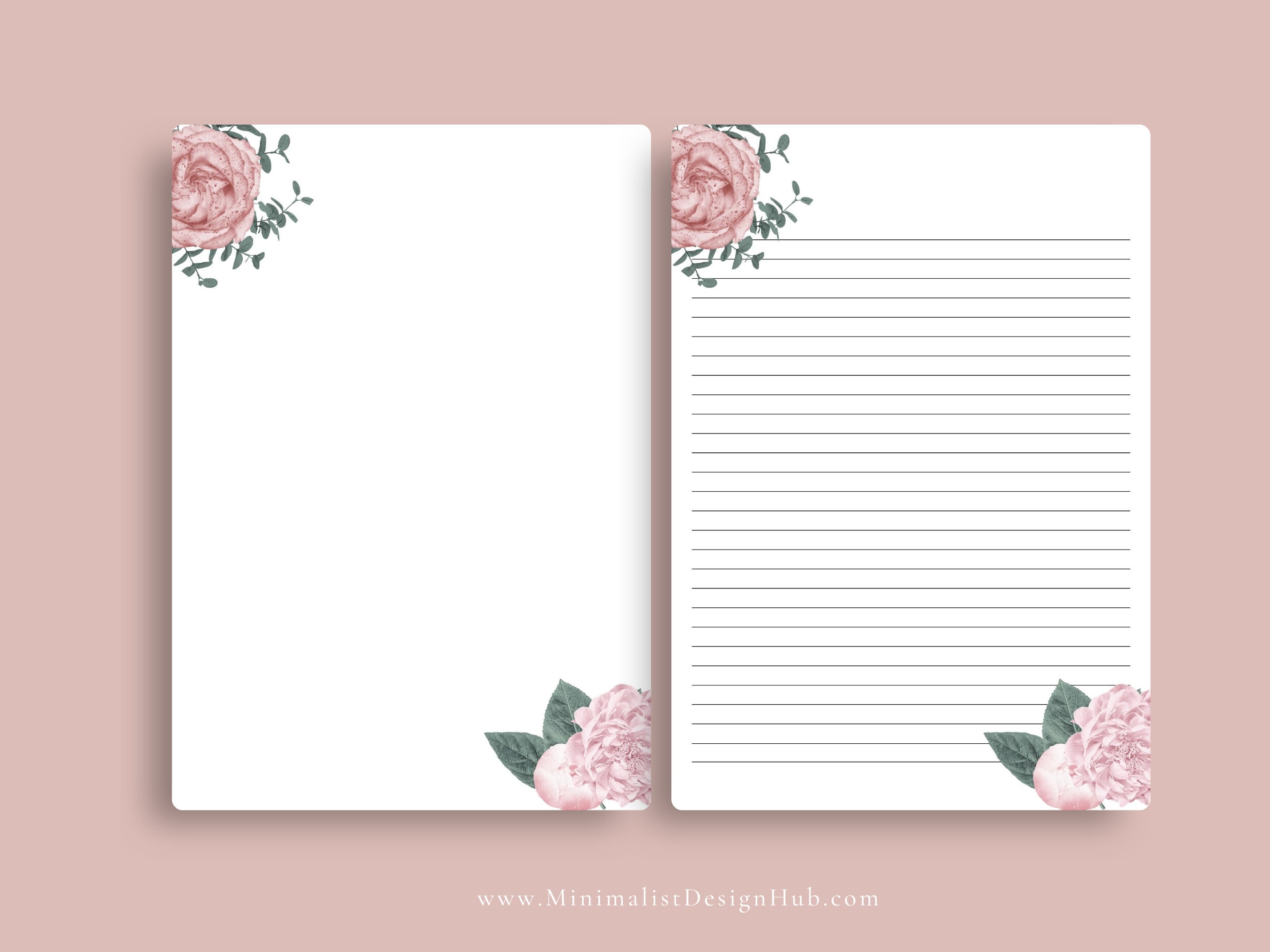 Printable Pink Floral Stationery, Digital Stationery, Printable Writing ...