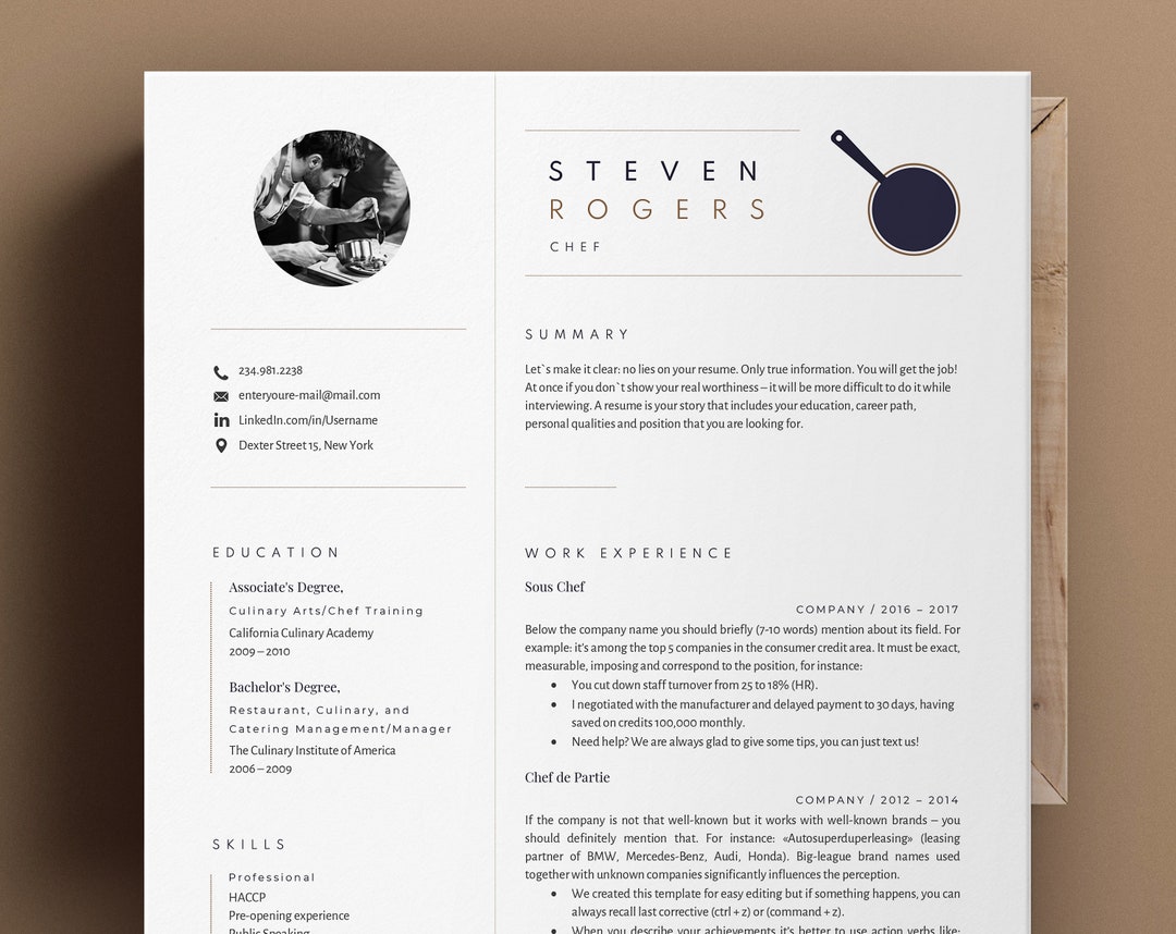 Cook Resume Template Microsoft Word Sous Chef Resume Cv - Etsy