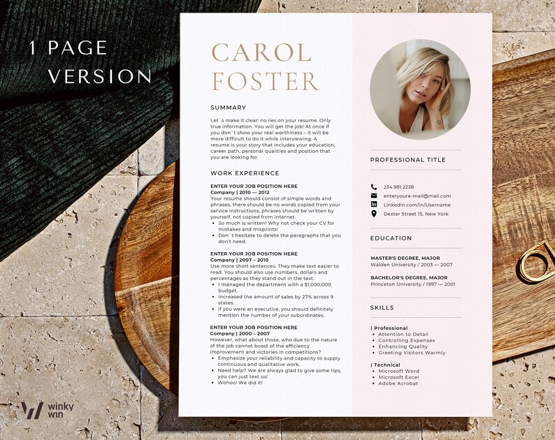 Rose Gold Resume Template Canva, Creative Pink Bronze CV Template With ...