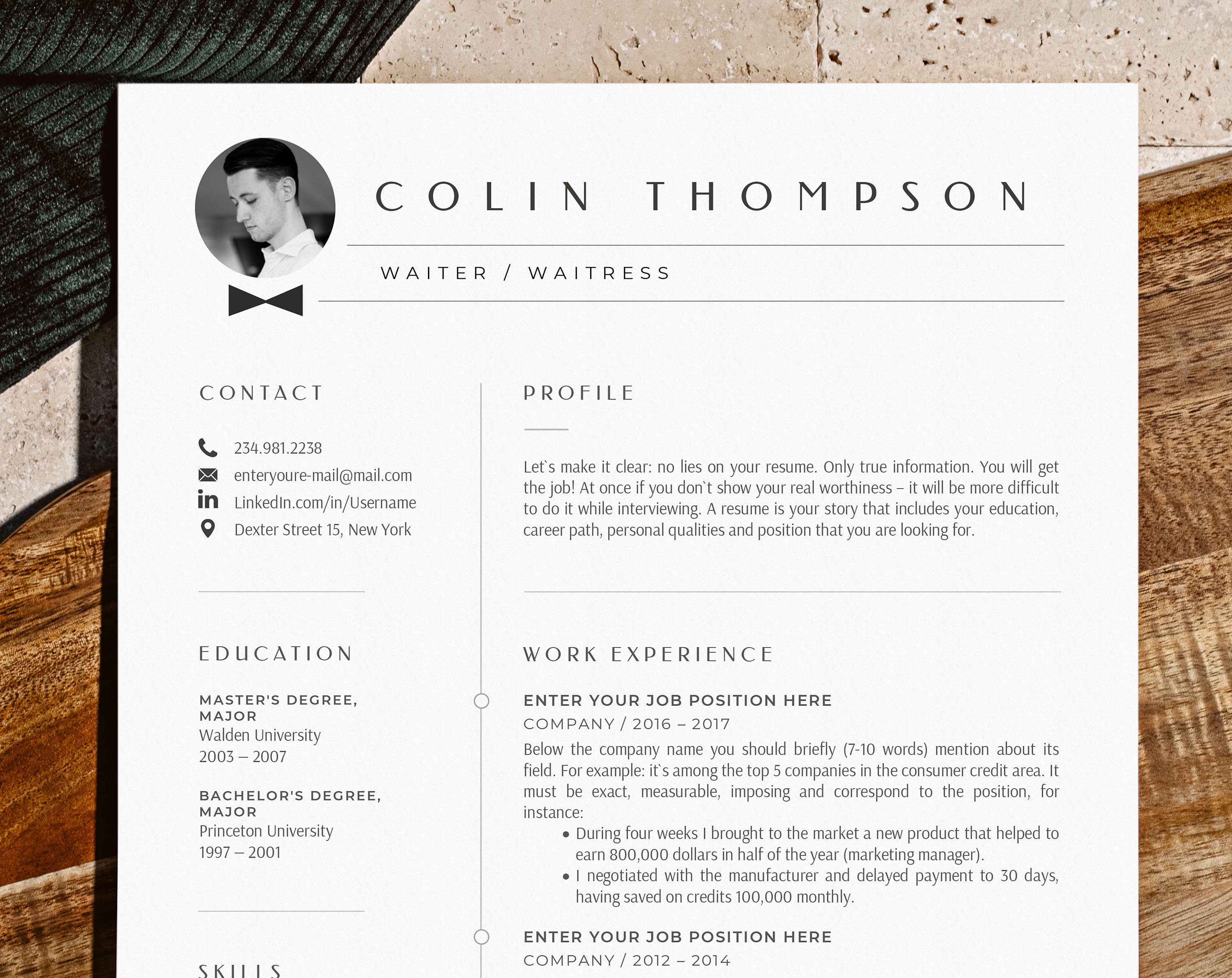 Waiter Waitress Resume Template Word Resume Cv Template Etsy