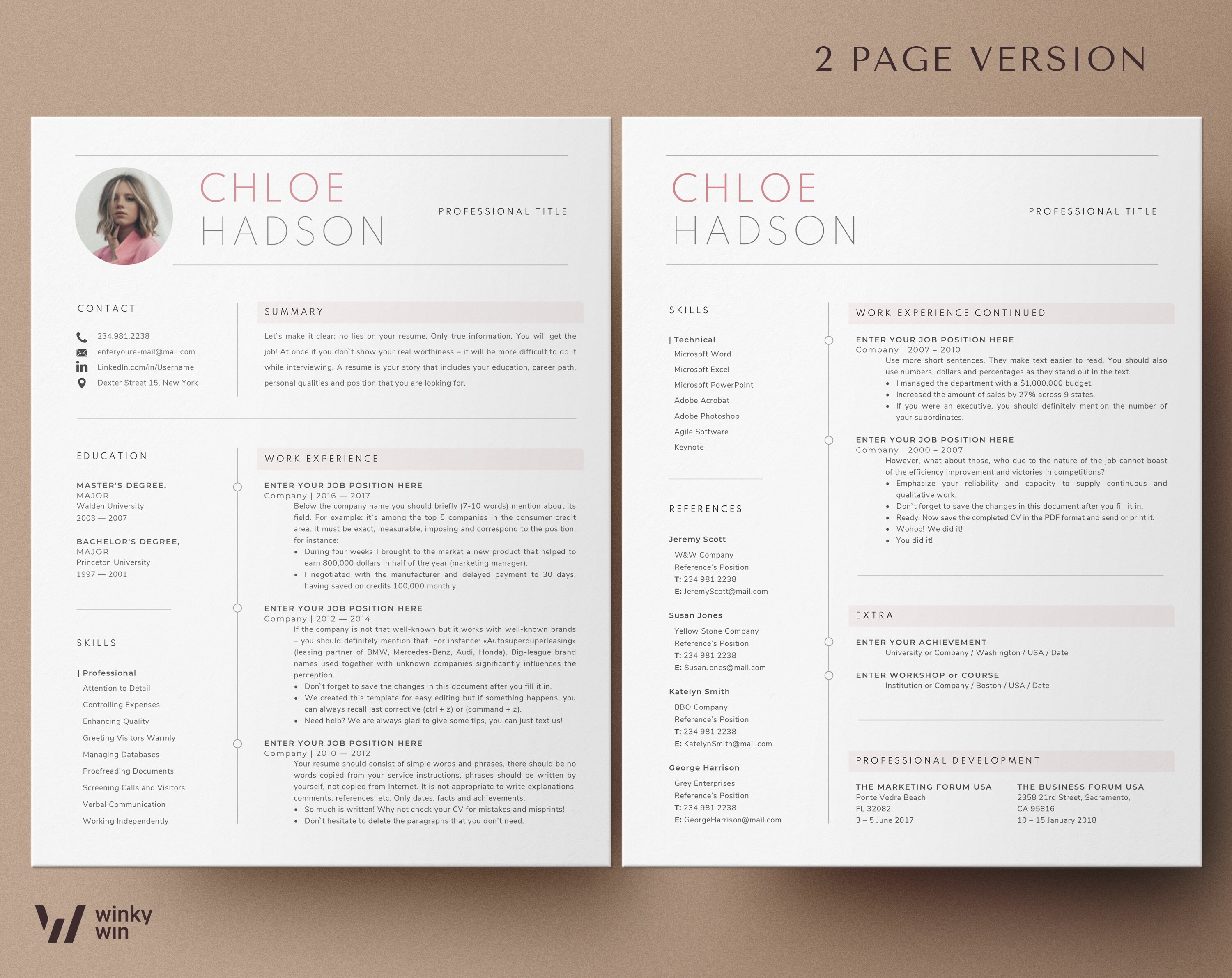 Pink Resume Template Word + Mac Pages | Rose Creative Resume Templates ...