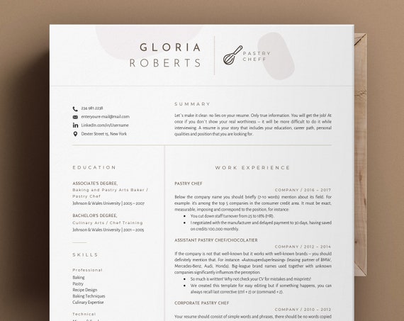 Pastry Chef Resume Template Word Baking Pastry Resume - Etsy