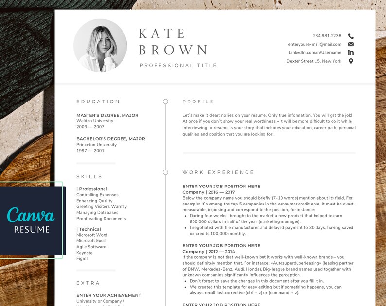 Resume Template Canva With Cover Letter 1 Page Cv Template - Etsy