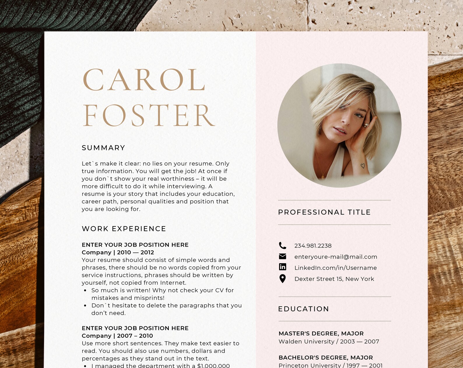 Rose Gold Resume Template Canva Creative Pink Bronze Cv - Etsy