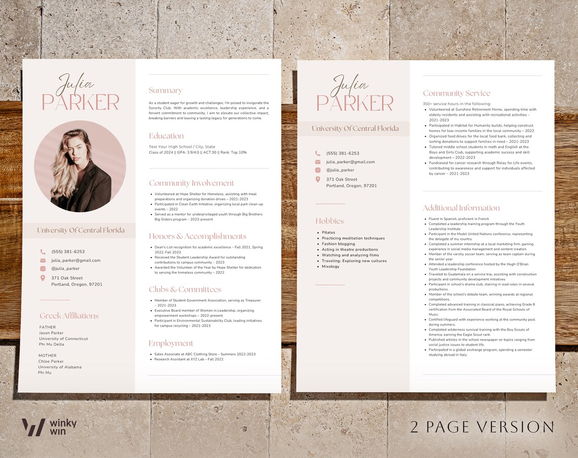 Professional Sorority Resume Template Canva, Greek Life Resume Design ...