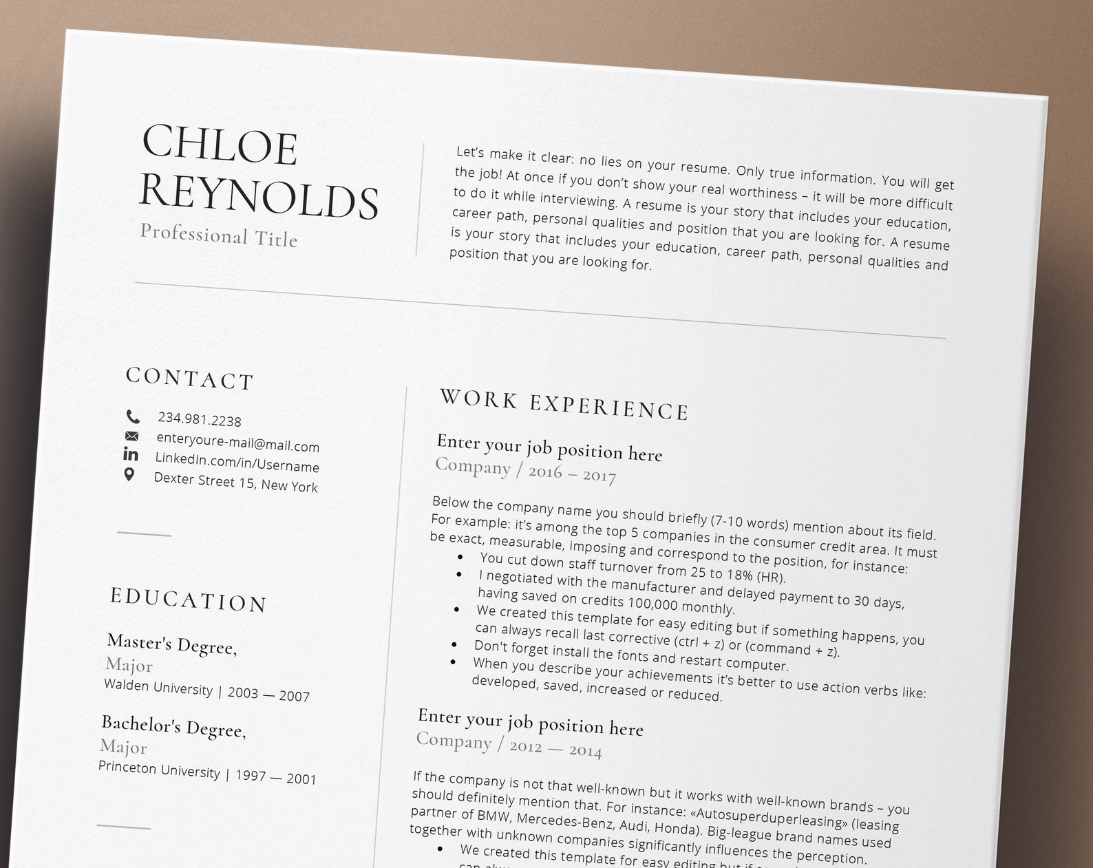 Cv Template Mac Pages and MS Word, Compact Resume Layout, 1 Page Resume ...