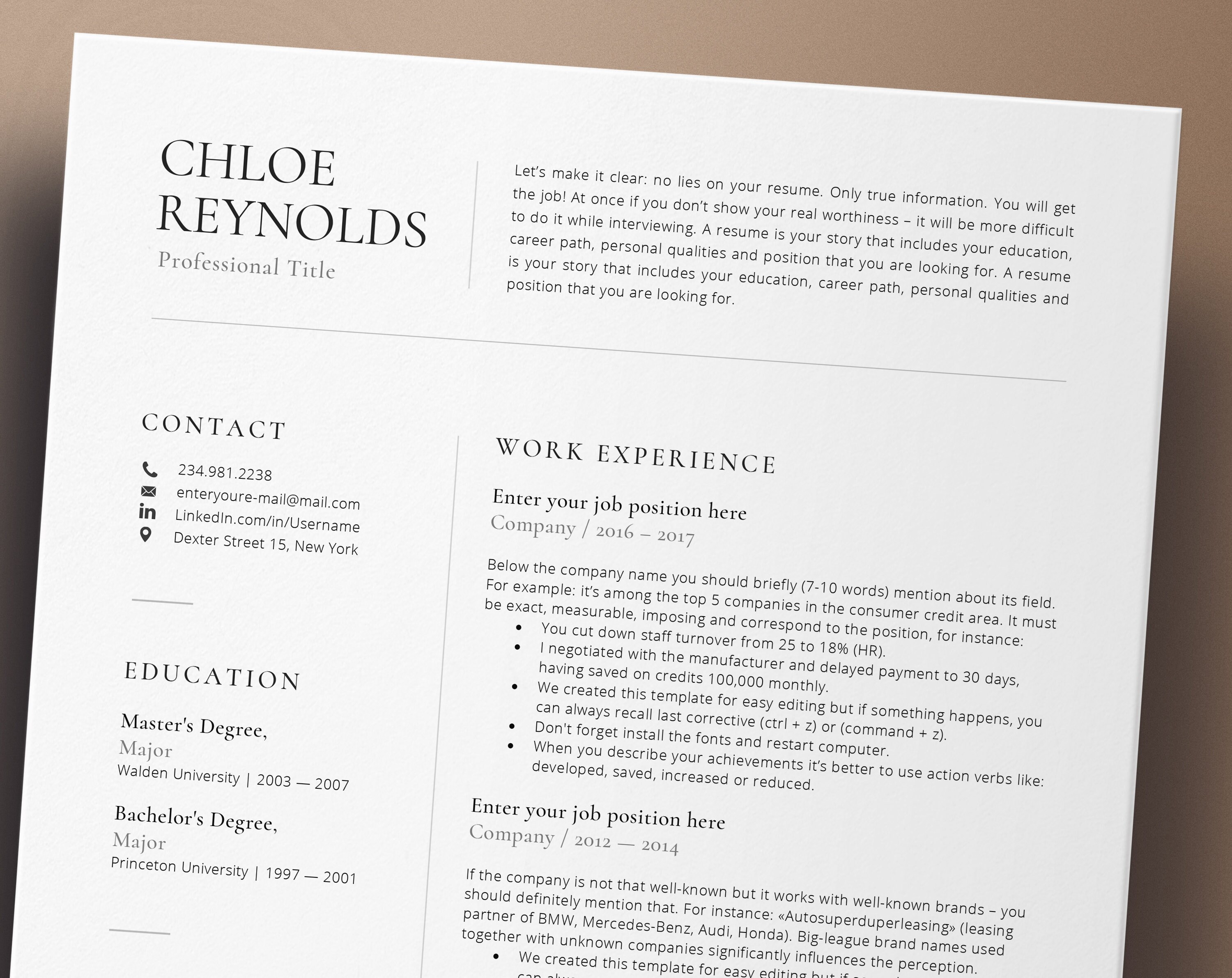 Cv Template Mac Pages and MS Word, Compact Resume Layout, 1 Page Resume ...