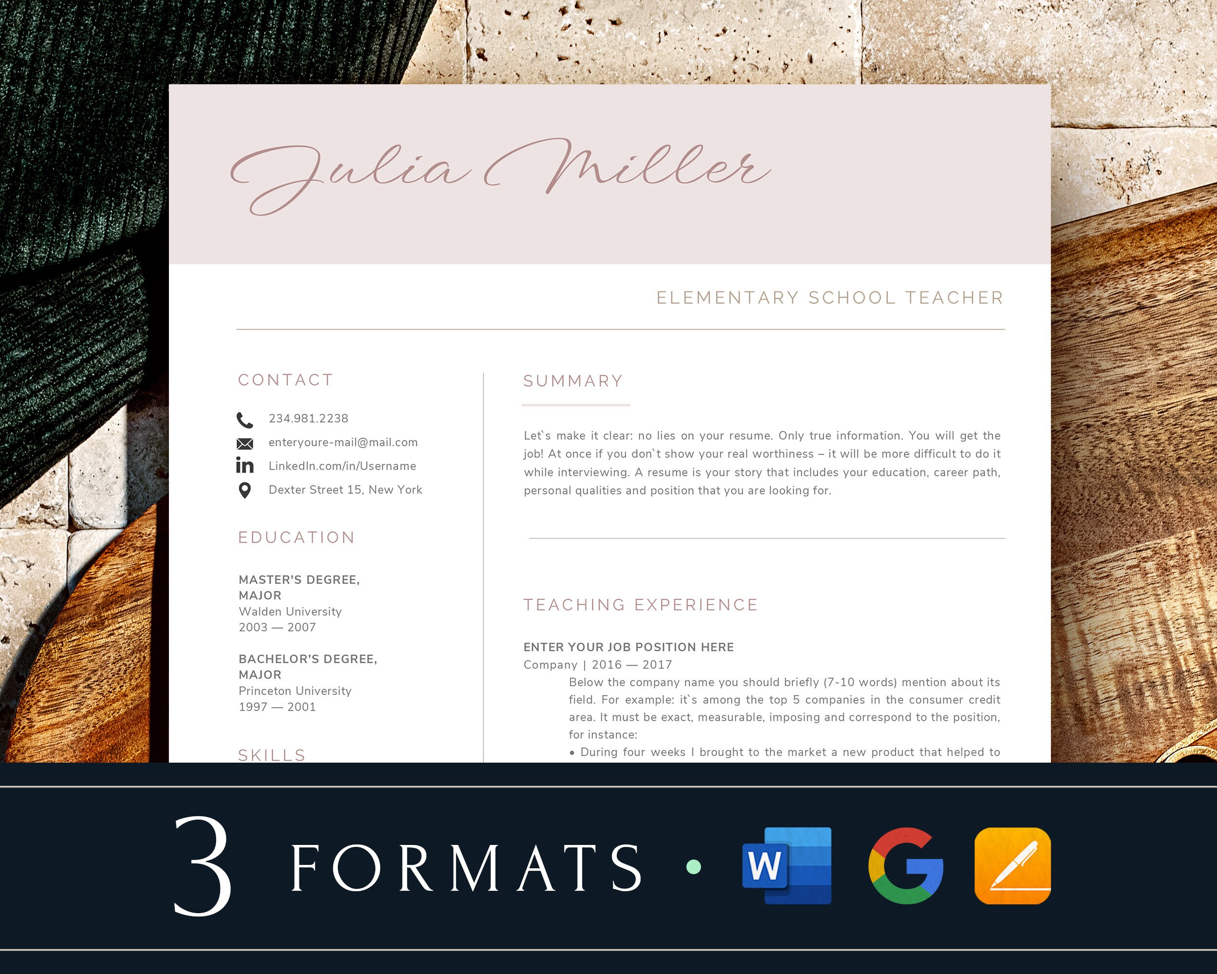 Pink Teacher Resume Template Google Docs, Word, 3 Page Professional ...