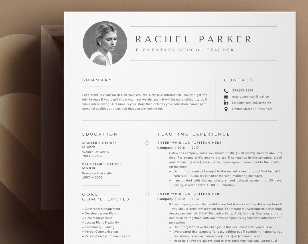 Teacher Resume Template With Photo, Word & Pages, Editable Teacher ...