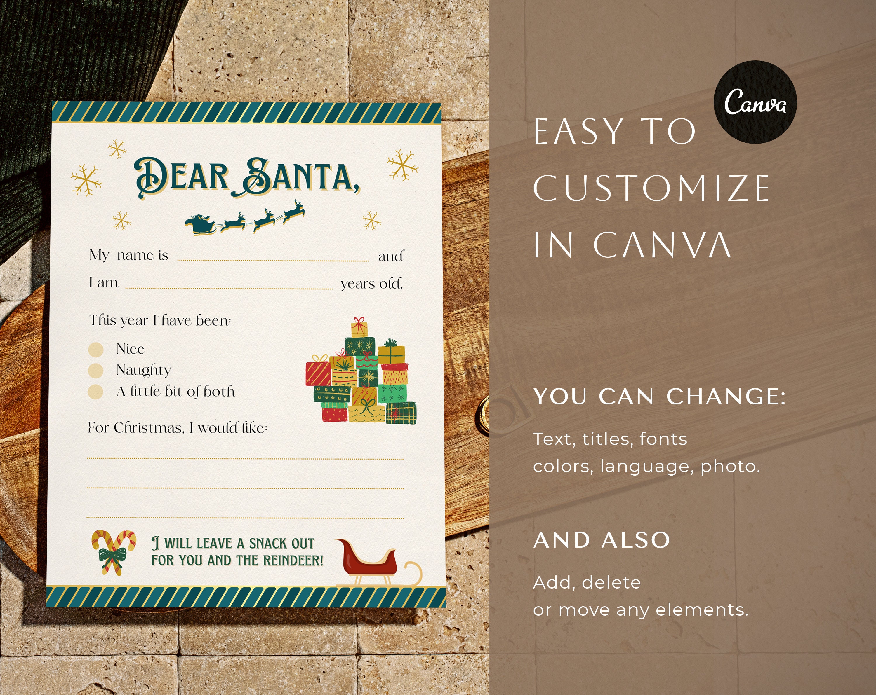 Christmas Letter to Santa Printable, Santa Claus Wish List, Xmas Dear ...