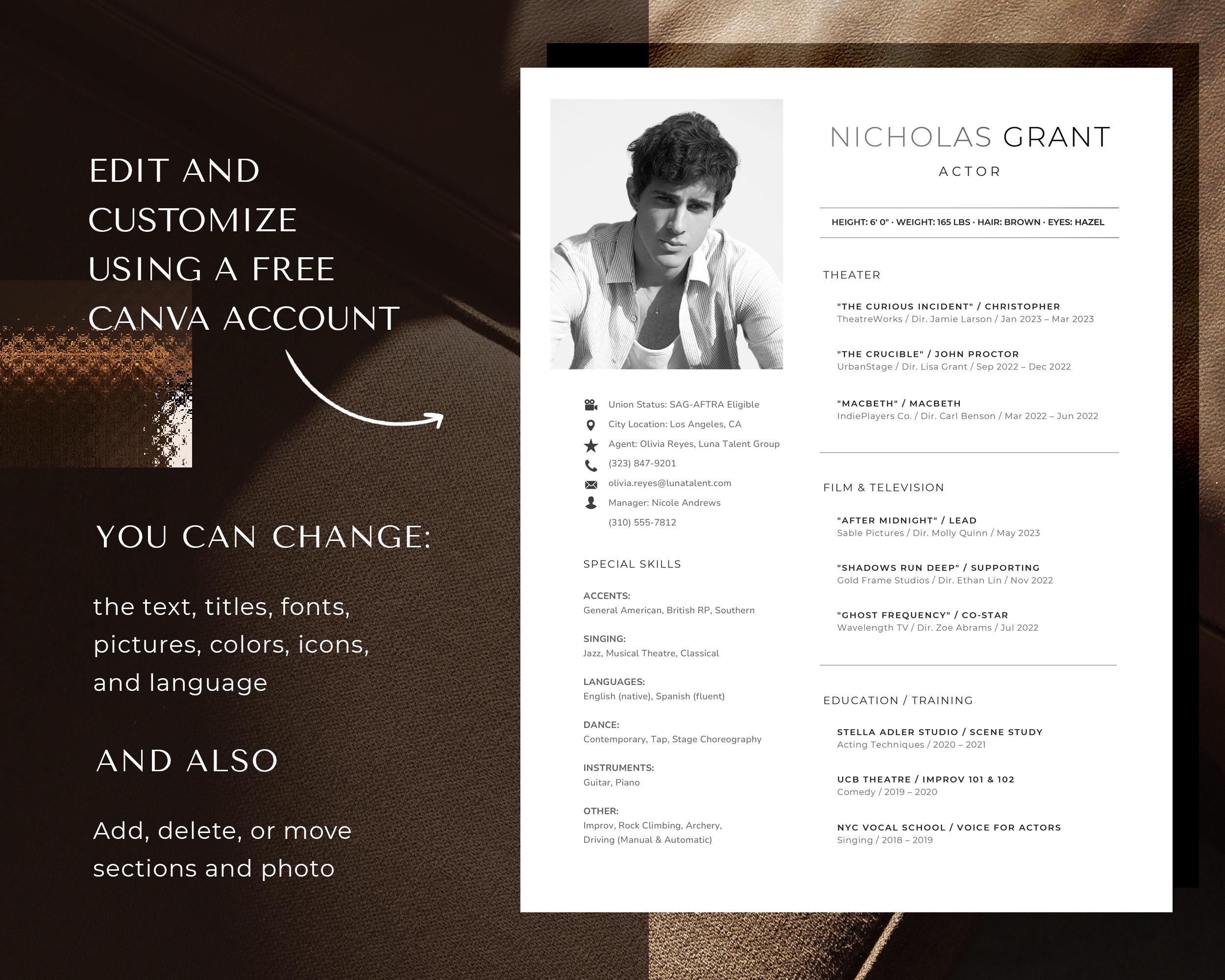 Acting Resume Template, Cv Template for Actress - Actor, Professional ...