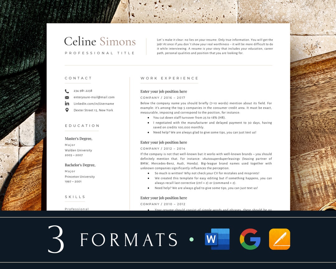 One Page Resume Template Google Docs, Mac Pages, Word Cv Template ...