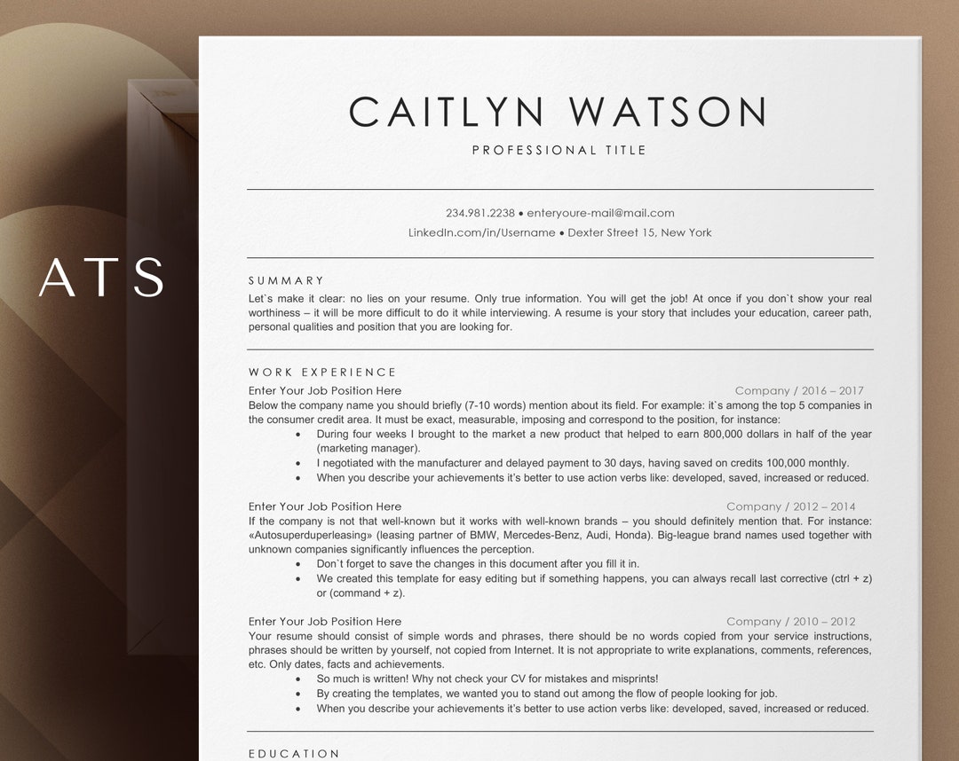 ATS Friendly Resume Template, Executive ATS Resume Template Word, Mac ...