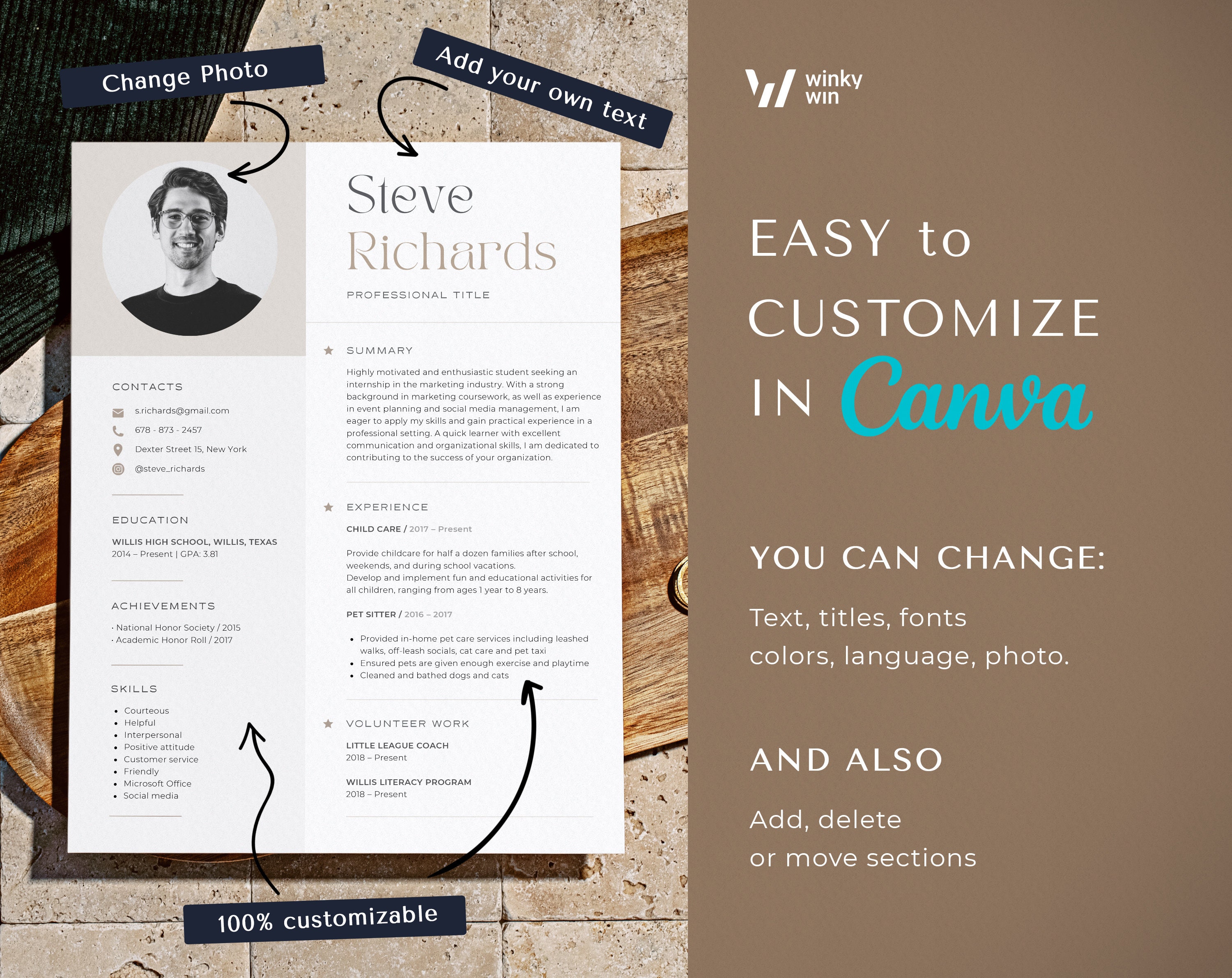 Student Resume Examples - Template Canva, High School, College Student ...