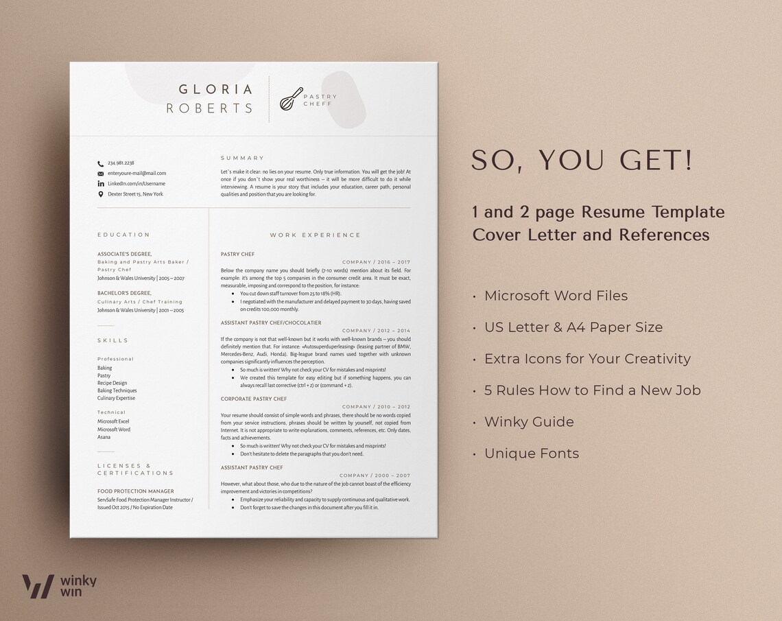 Pastry Chef Resume Template Word Baking Pastry Resume - Etsy