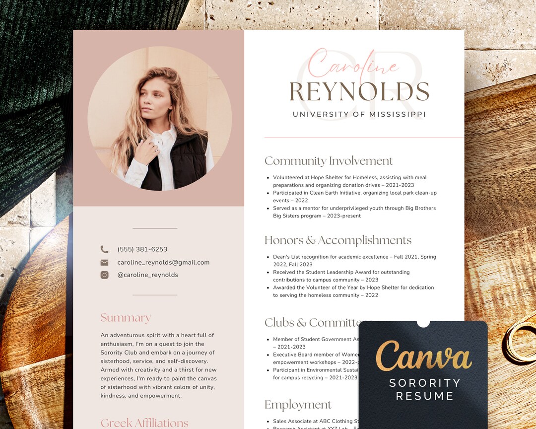 Monogrammed Sorority Rush Resume Template With Photo, Sorority Resume ...