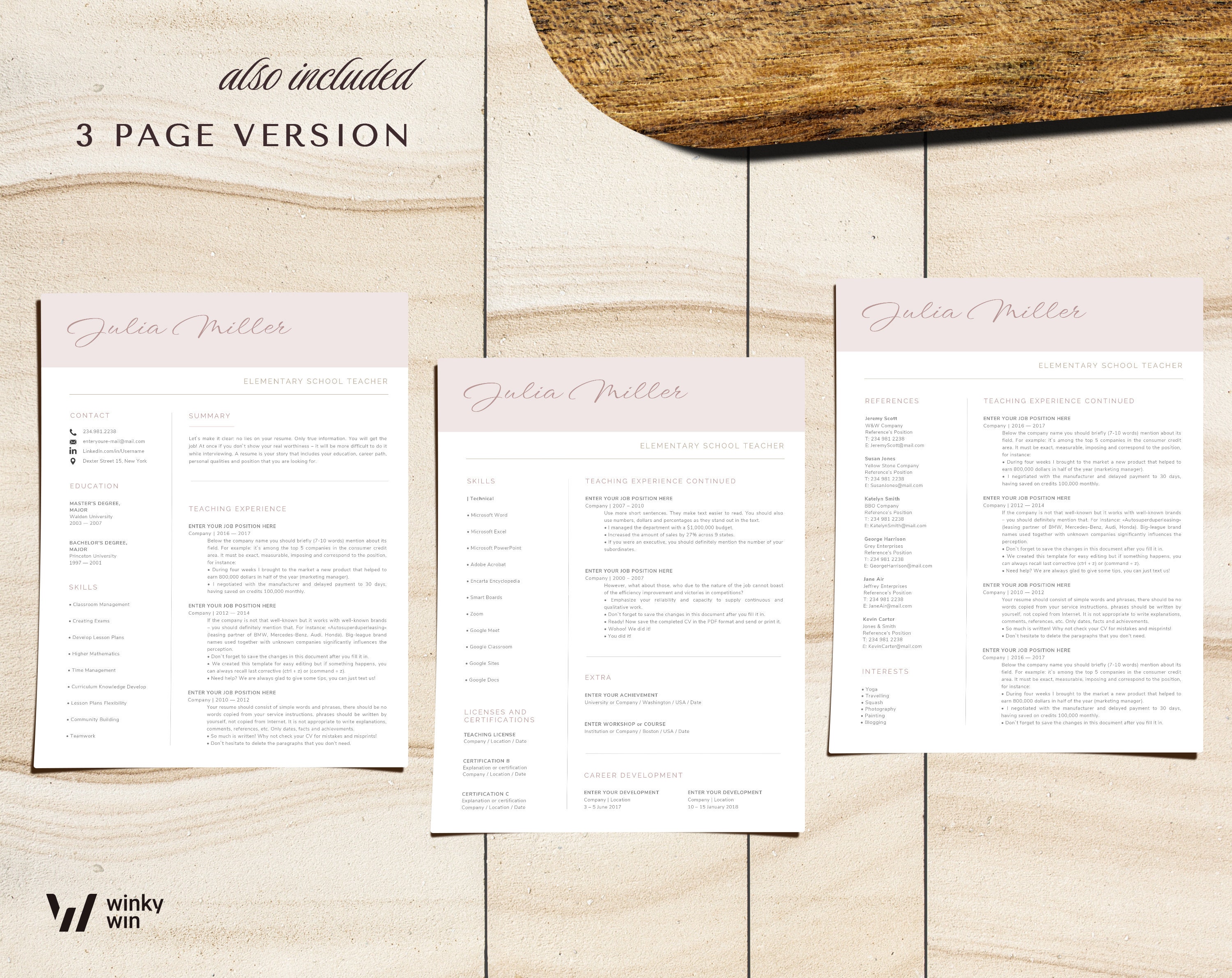 Pink Teacher Resume Template Google Docs, Word, 3 Page Professional ...
